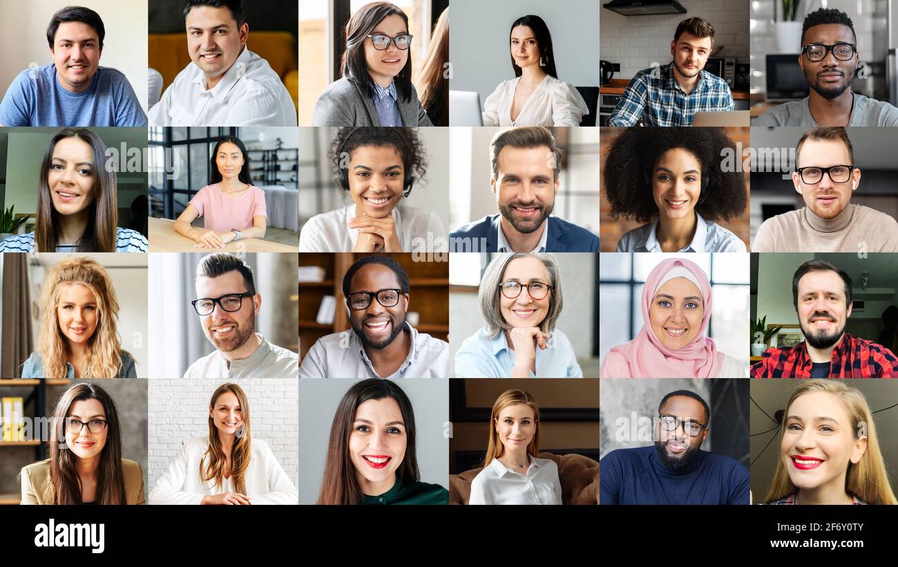 Crowded video screen with diverse multinational people on it. Video ...