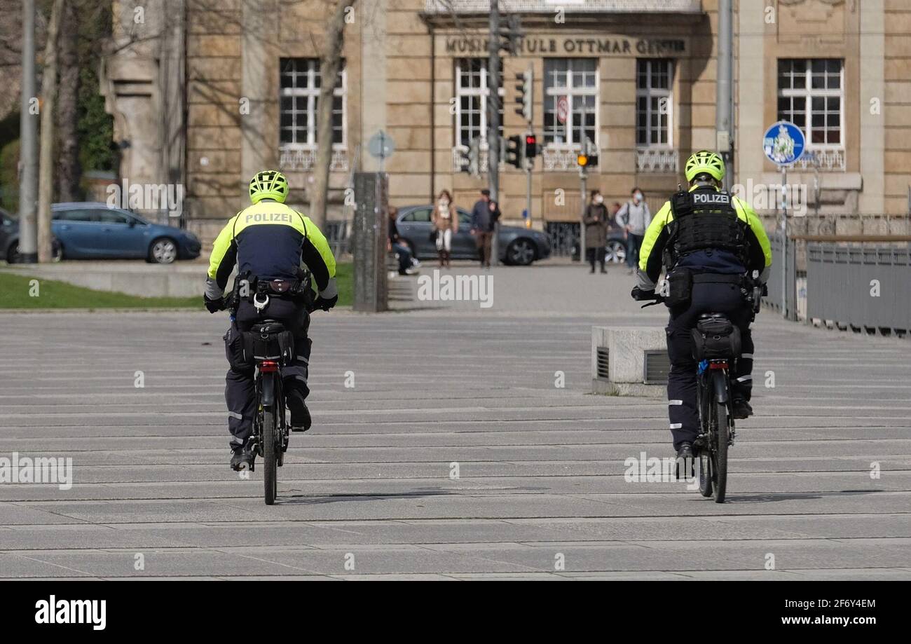 Leipzig, Germany. 03rd Apr, 2021. Police officers of the bicycle squad ...