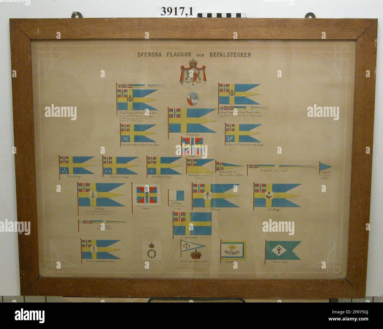 Plans.Plans, within glass and frame, showing Swedish flags and command ...