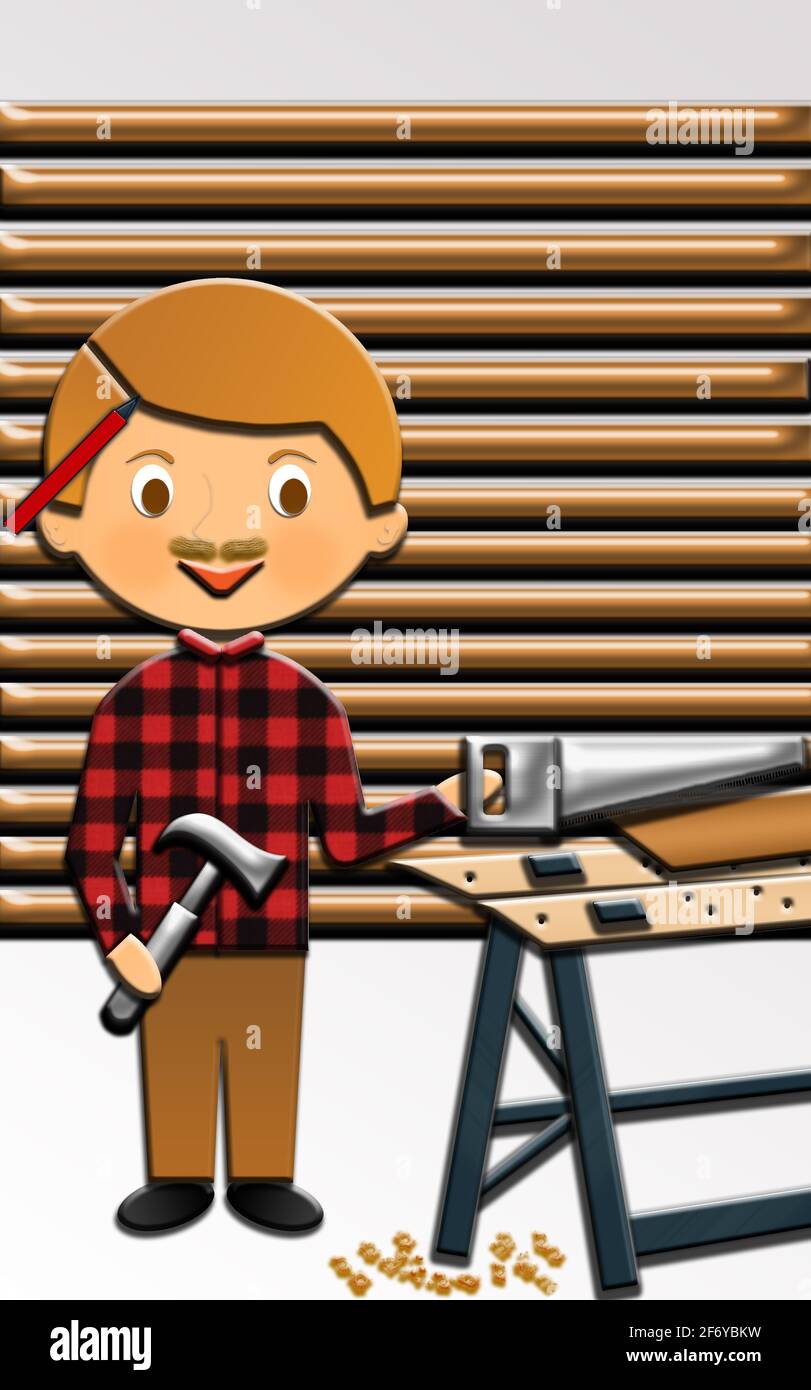 Cartoon of a cute Happy Carpenter, in his Carpentry. This illustration ...