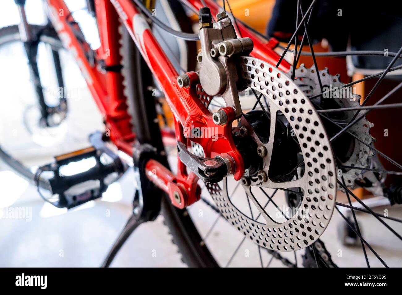 Detail shot of the disc brakes of a bicycle. Bicycle assembly Stock ...