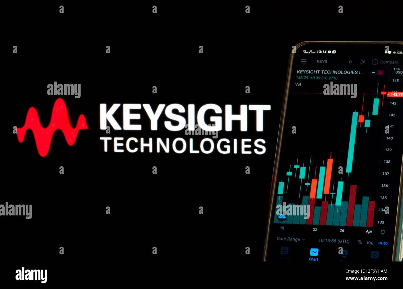 April 3, 2021, Ukraine: In this photo illustration the stock market information of Keysight ...