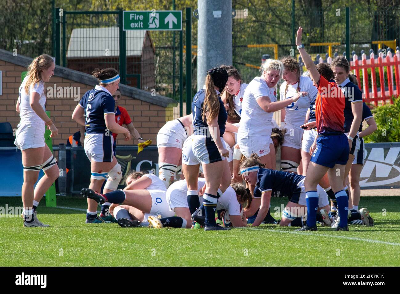Doncaster, UK. 03rd Apr, 2021. Lark Davies (#2 England) scoring a try ...