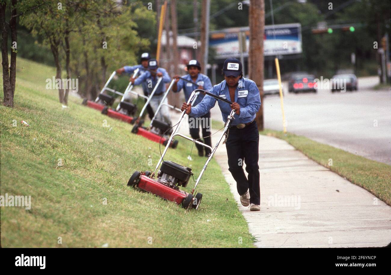 Austin Texas USA, September 12 1988: Employees of a landscaping company ...
