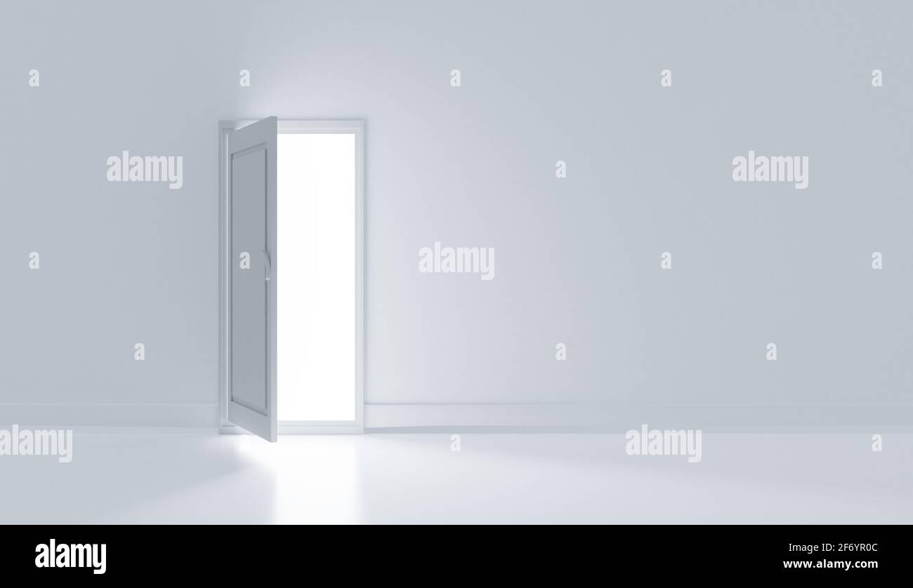 Realistic white door with light and white room, 3D illustrations ...