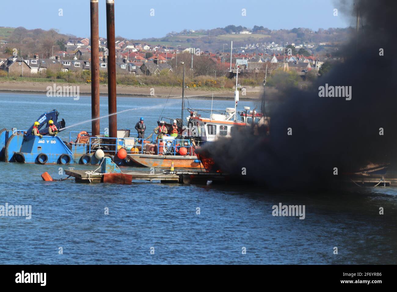 3April 2021 Conwy, North Wales. A boat on Conwy river bursts into ...