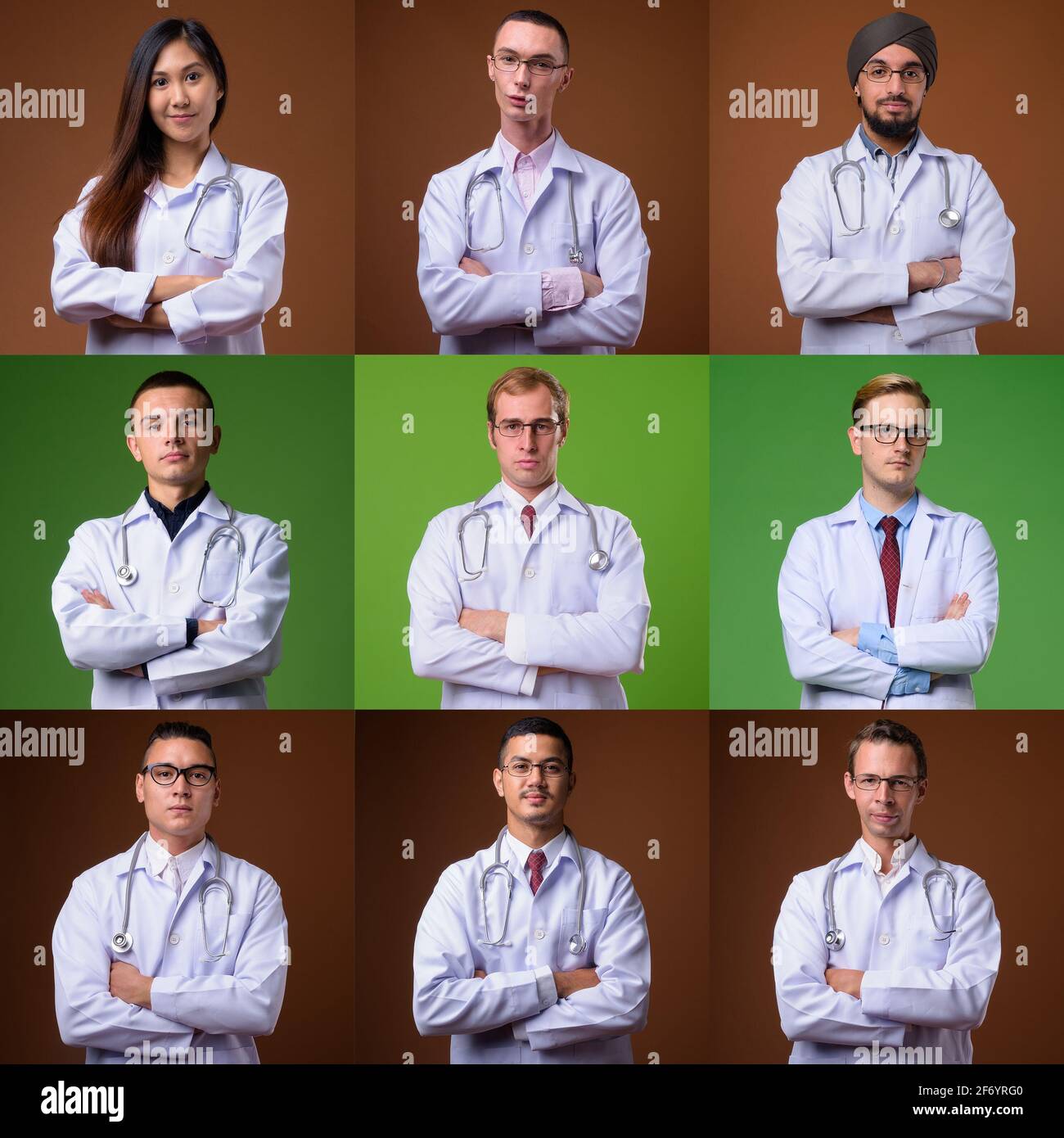 Portraits of doctors and healthcare workers looking at camera shot in ...