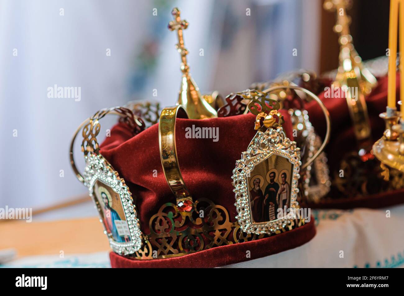 Traditional wedding crowns in a church. Wedding crown in church ready ...