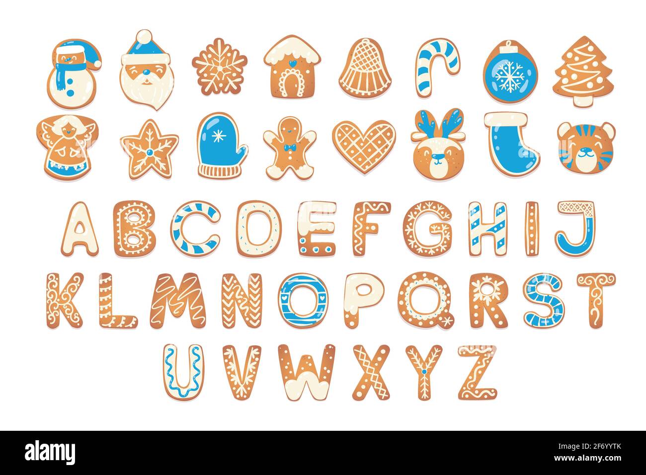 Christmas gingerbread cookies alphabet with figures. Biscuit letters ...