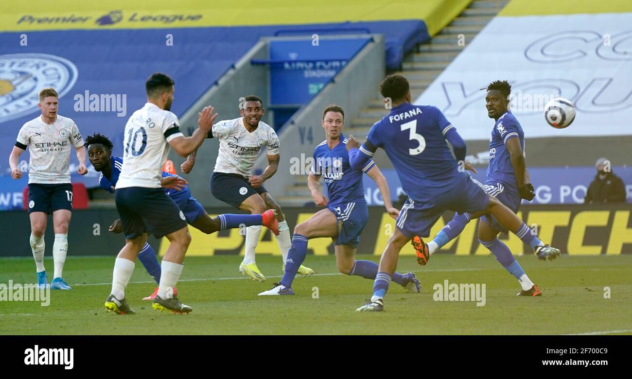 Manchester City's Gabriel Jesus has a shot on goal during the Premier ...