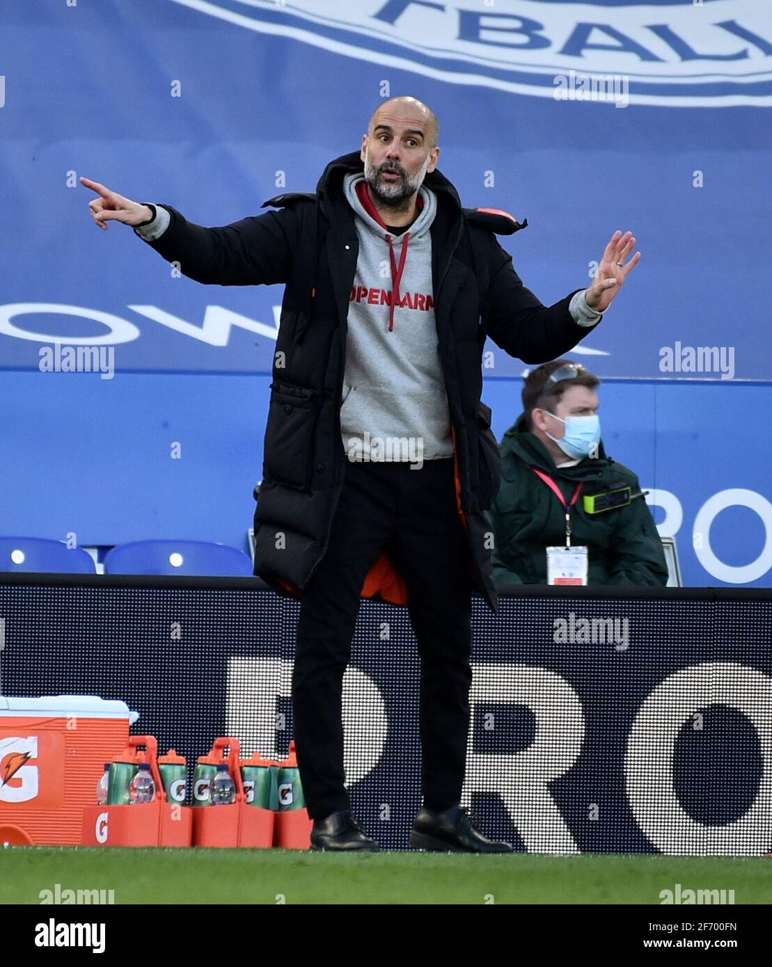 Manchester City manager Pep Guardiola gestures on the touchline during ...