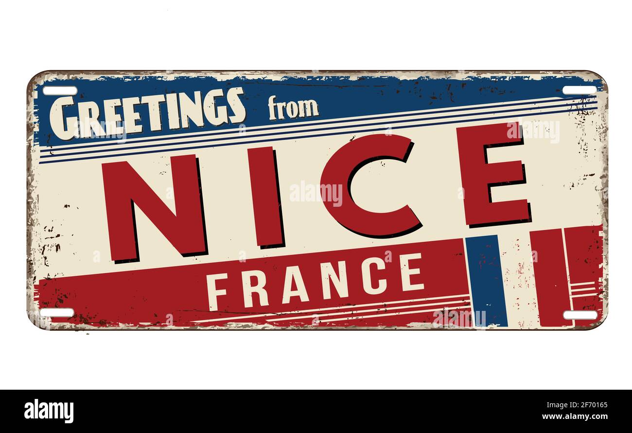 Greetings from Nice vintage rusty metal plate on a white background ...
