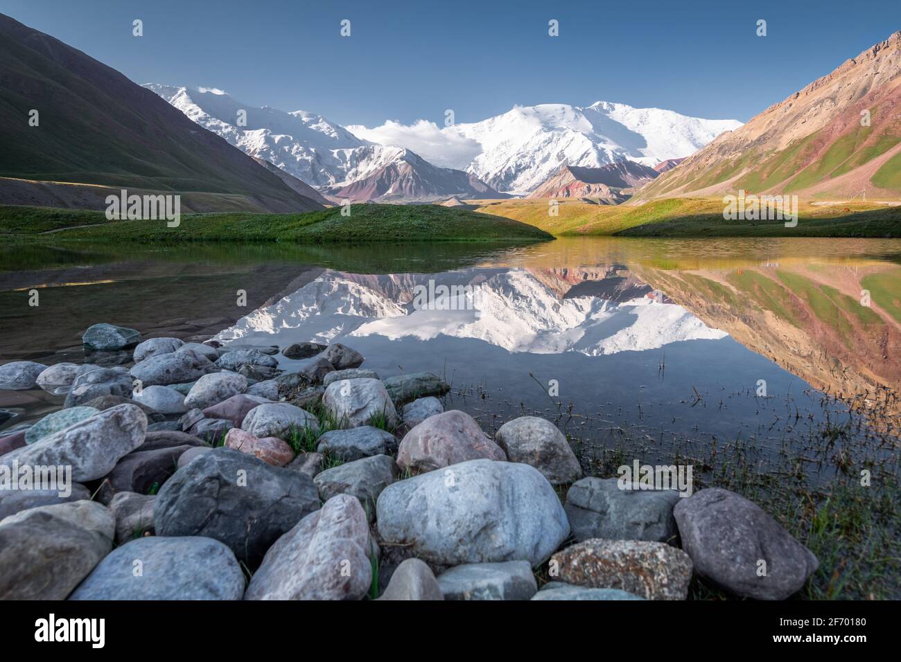 Lenin Peak mountain massif seen from the Achik-Tash base camp with ...