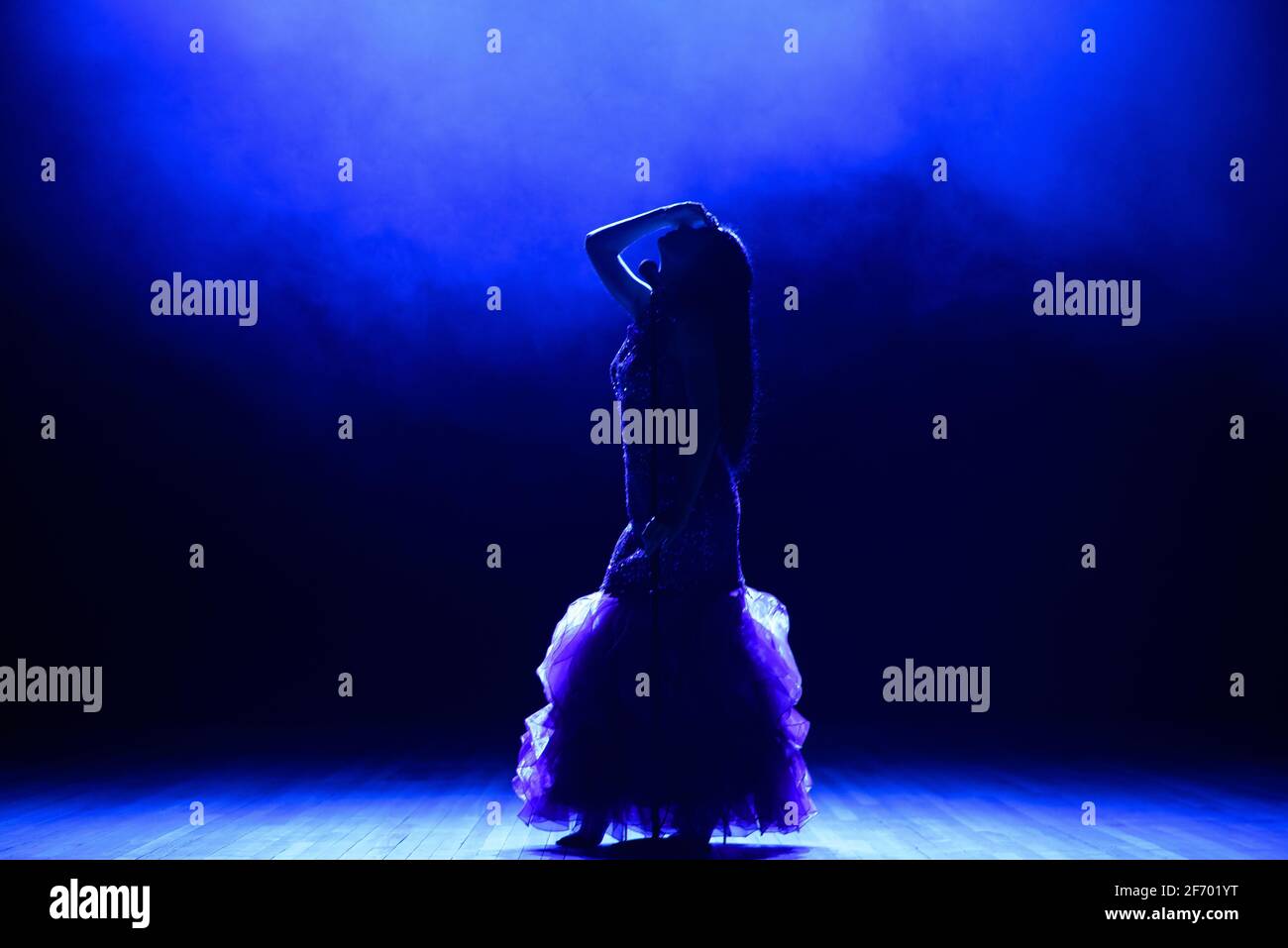 Singing woman silhouette with smoke background on the stage Stock Photo ...