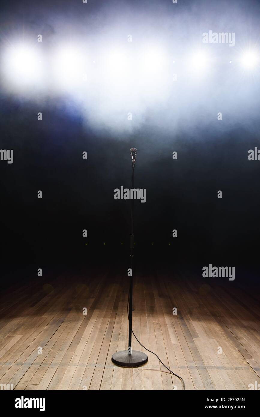 Live music background. Microphone and stage lights. Sing and karaoke ...