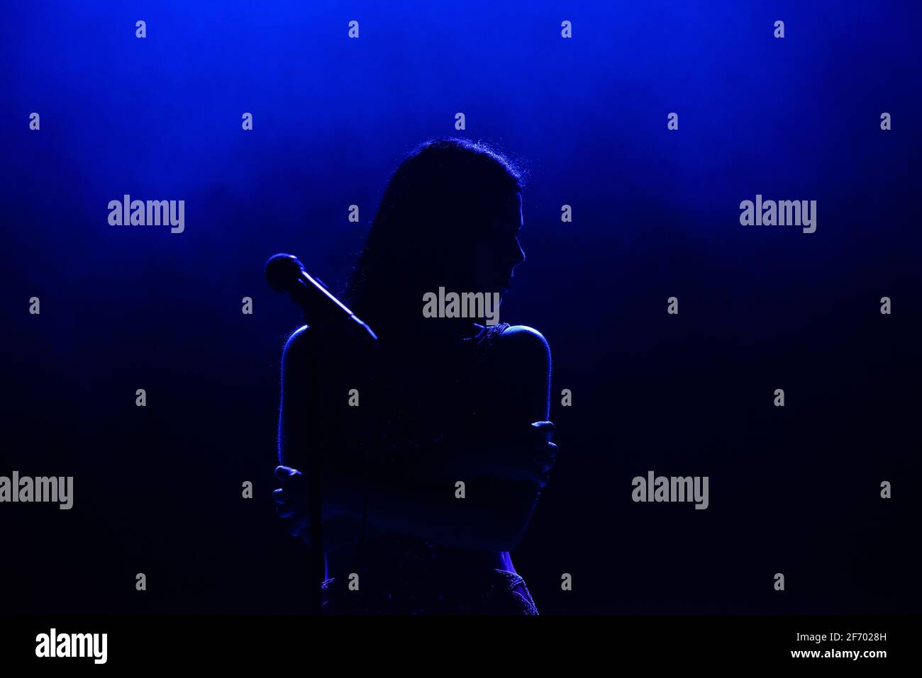 Silhouette of singer on stage. Dark background, smoke, spotlights Stock ...