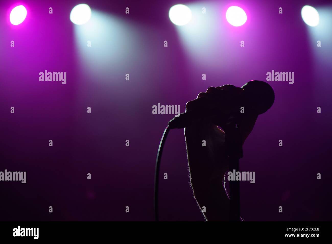 Microphone in hand singer on the stage Stock Photo - Alamy