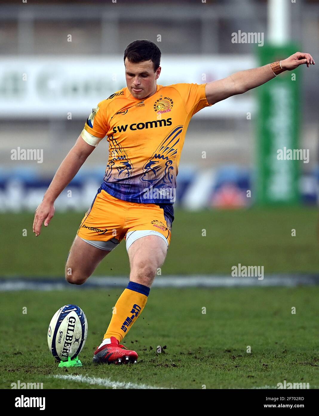 Exeter Chiefs Joe Simmonds kicks at goal during the Heineken Champions ...