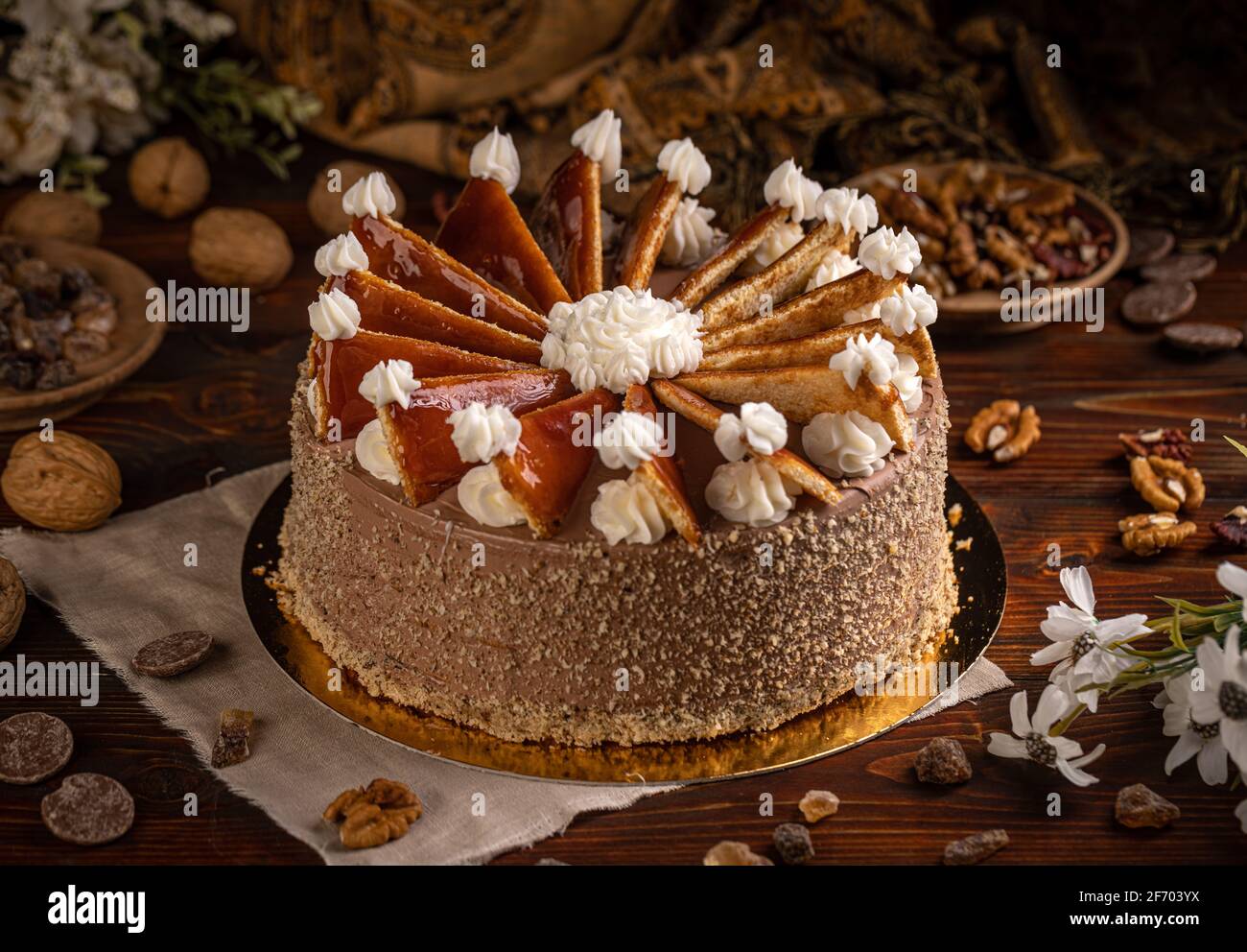 Hungarian Dobosh cake with caramel and butter cream Stock Photo - Alamy
