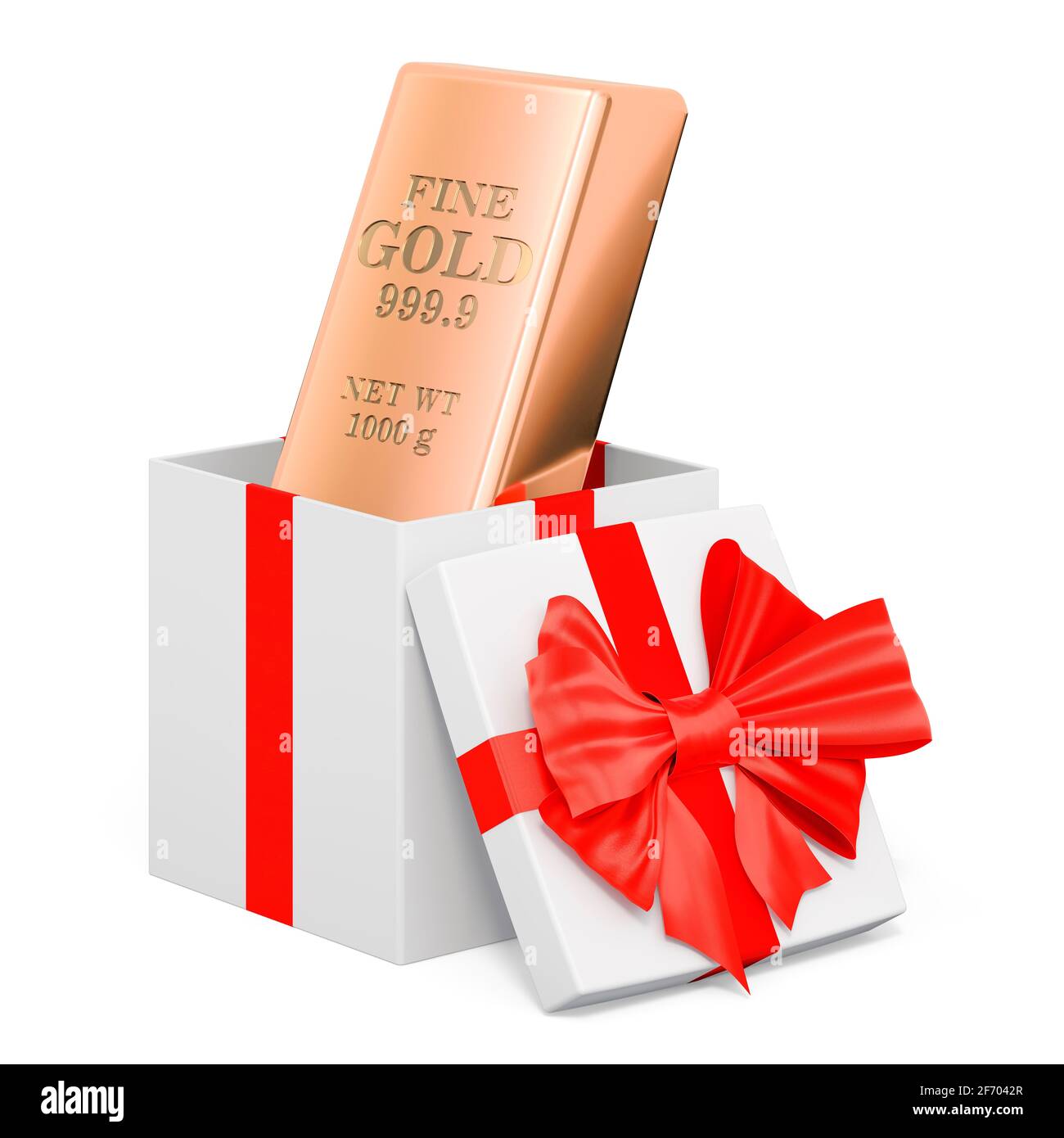Golden ingot inside gift box, present concept. 3D rendering isolated on ...