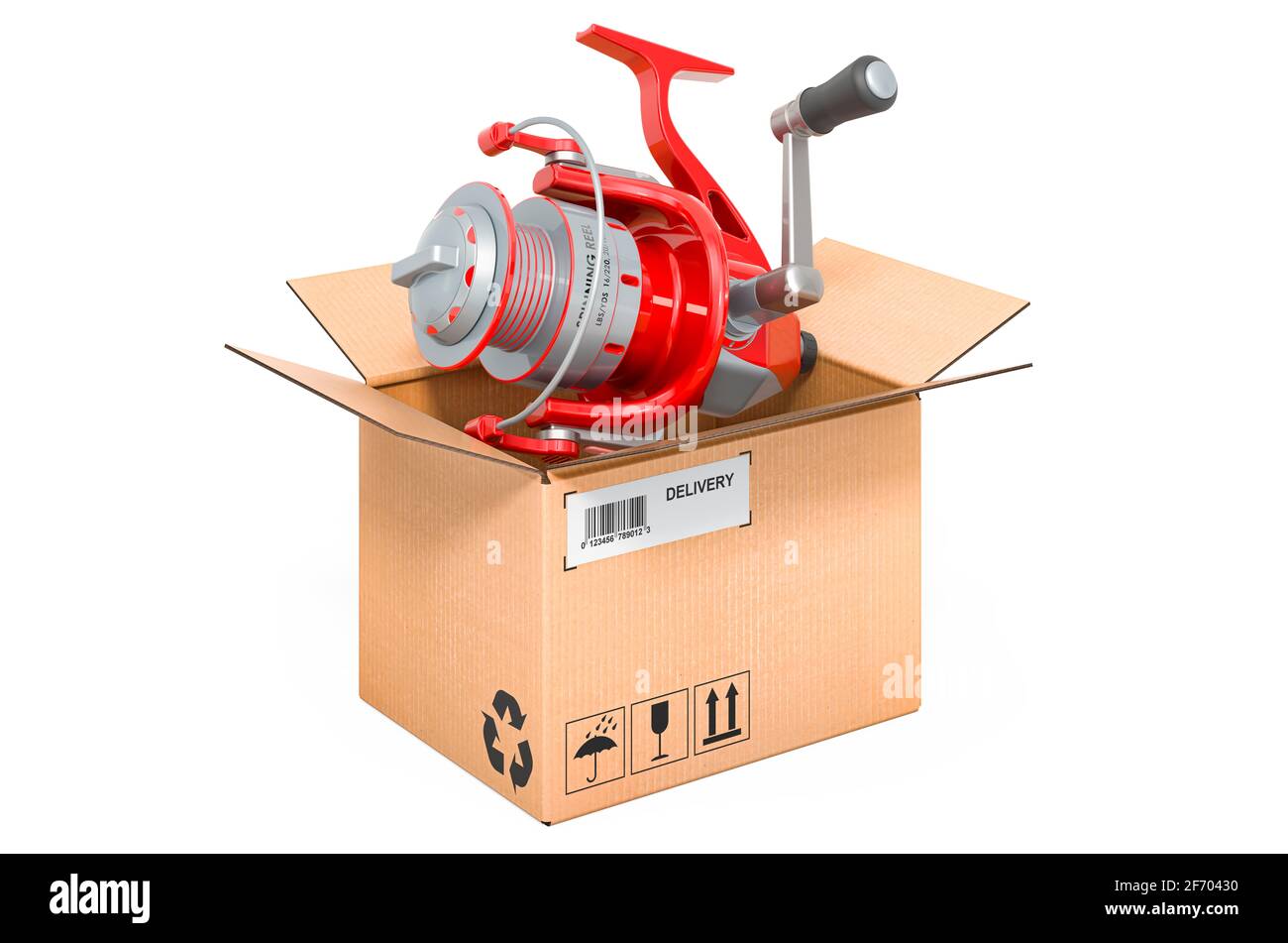 Fishing reel inside cardboard box, delivery concept. 3D rendering ...