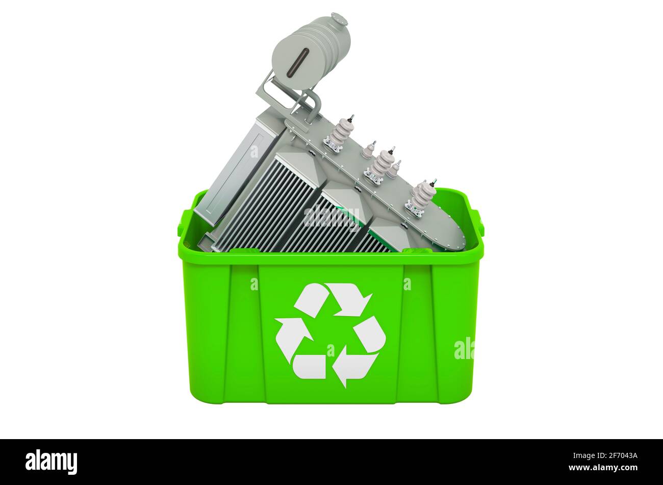 Recycling trashcan with oil-filled transformer, luggage. 3D rendering ...