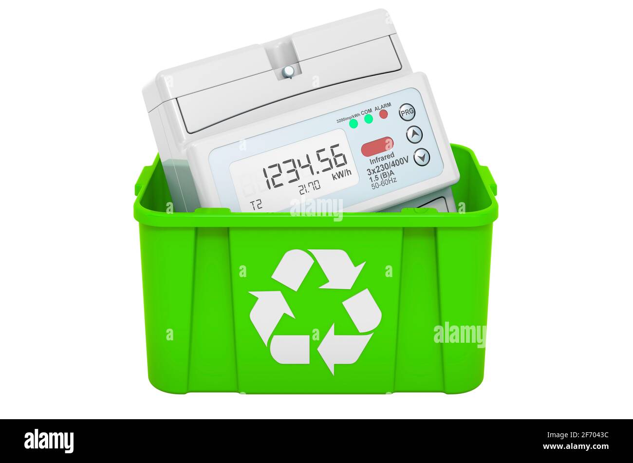 Recycling trashcan with digital electric meter. 3D rendering isolated on white background Stock ...