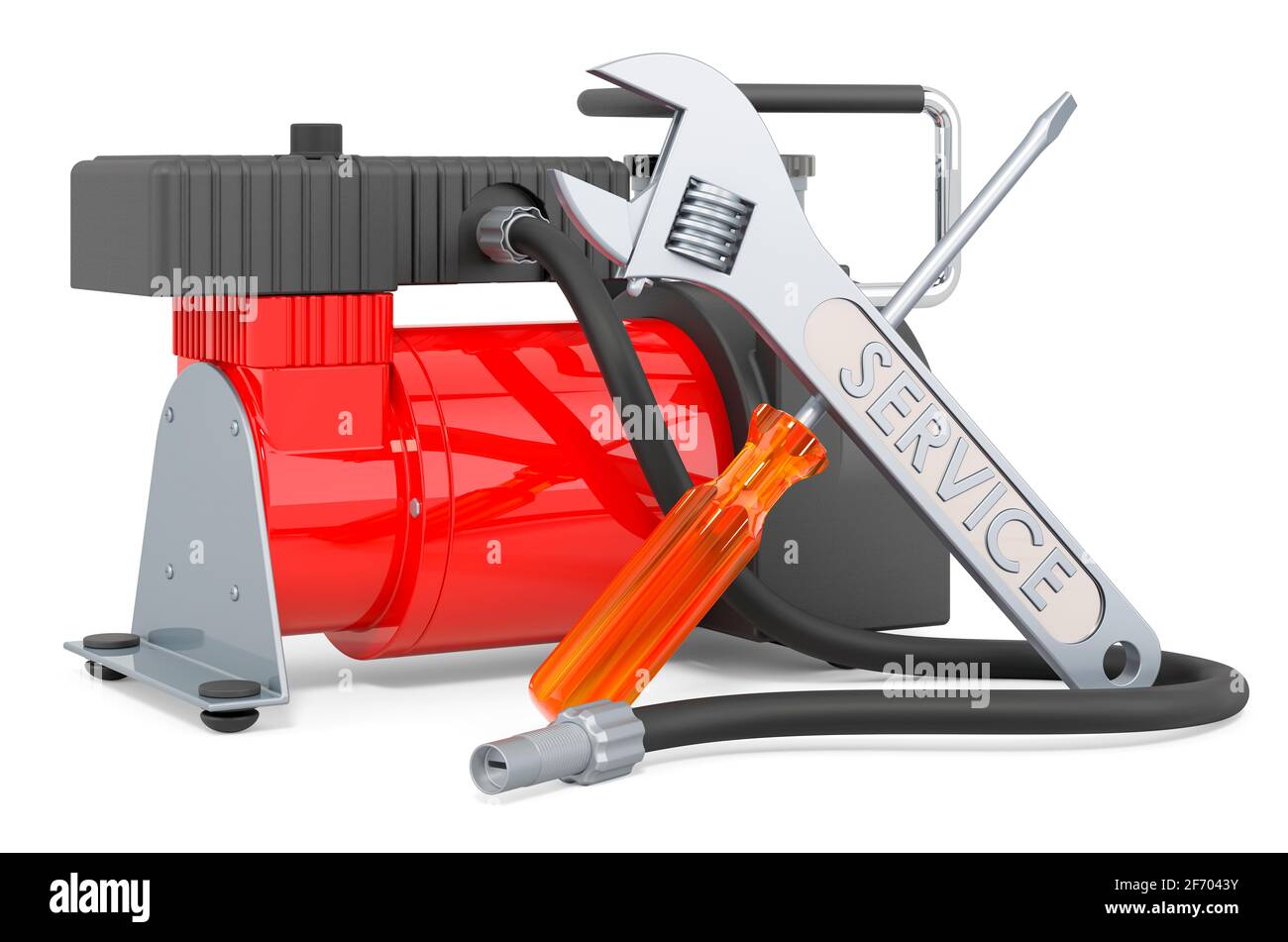 Service and repair of car air compressor. 3D rendering isolated on ...
