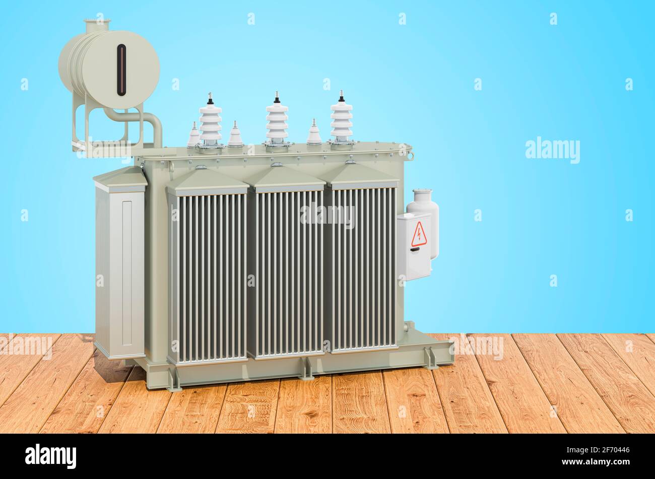 Transformer oil, high voltage power transformer on the wooden planks ...