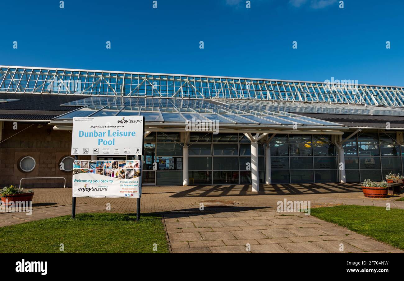 Entrance of Dunbar Leisure Centre indoor swimming pool on sunny day ...