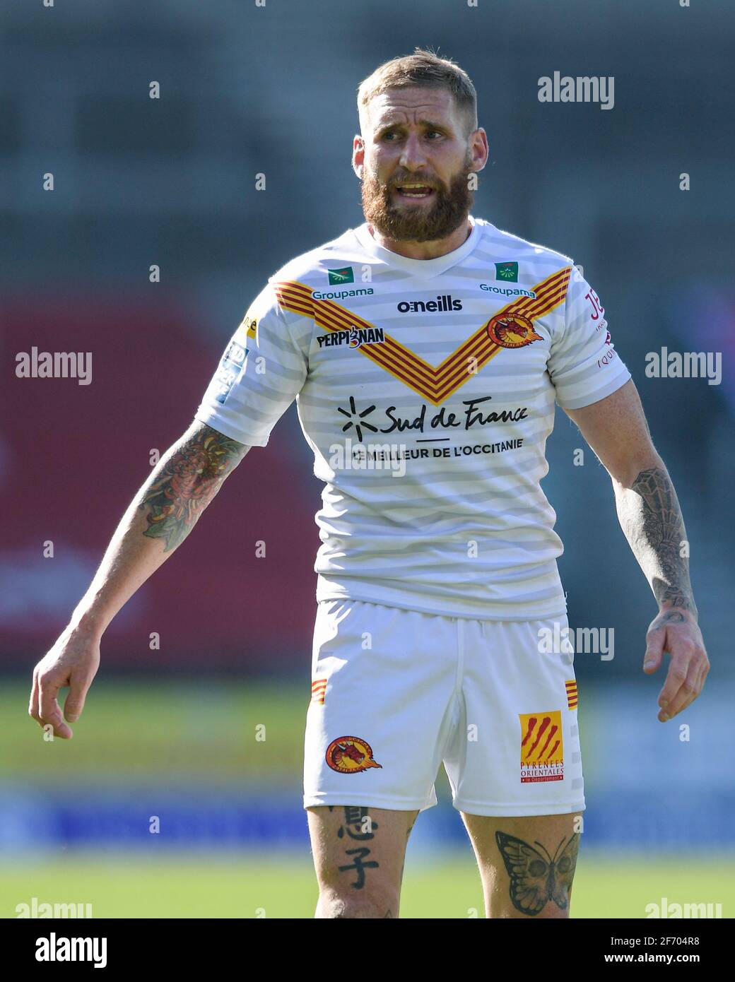 St Helens, UK. 03rd Apr, 2021. Sam Tomkins (29) of Catalans Dragons in ...