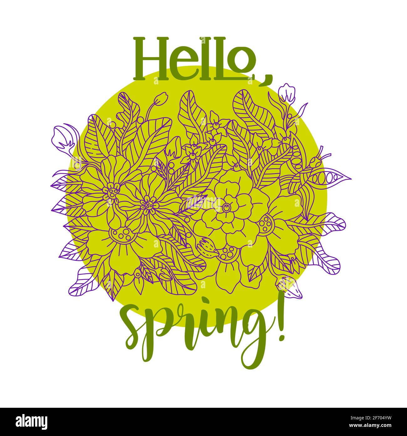 Bouquet of doodle outline flowers with quote - Hello, spring, hand ...