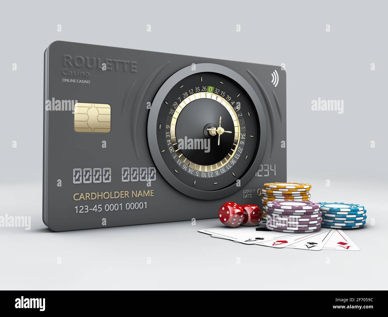 3d Illustration of Bank Card with Slot Machine and chips with dices ...