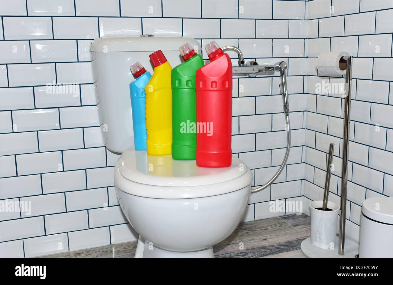 Detergent bottles for cleaning the toilet in the bathroom in home ...