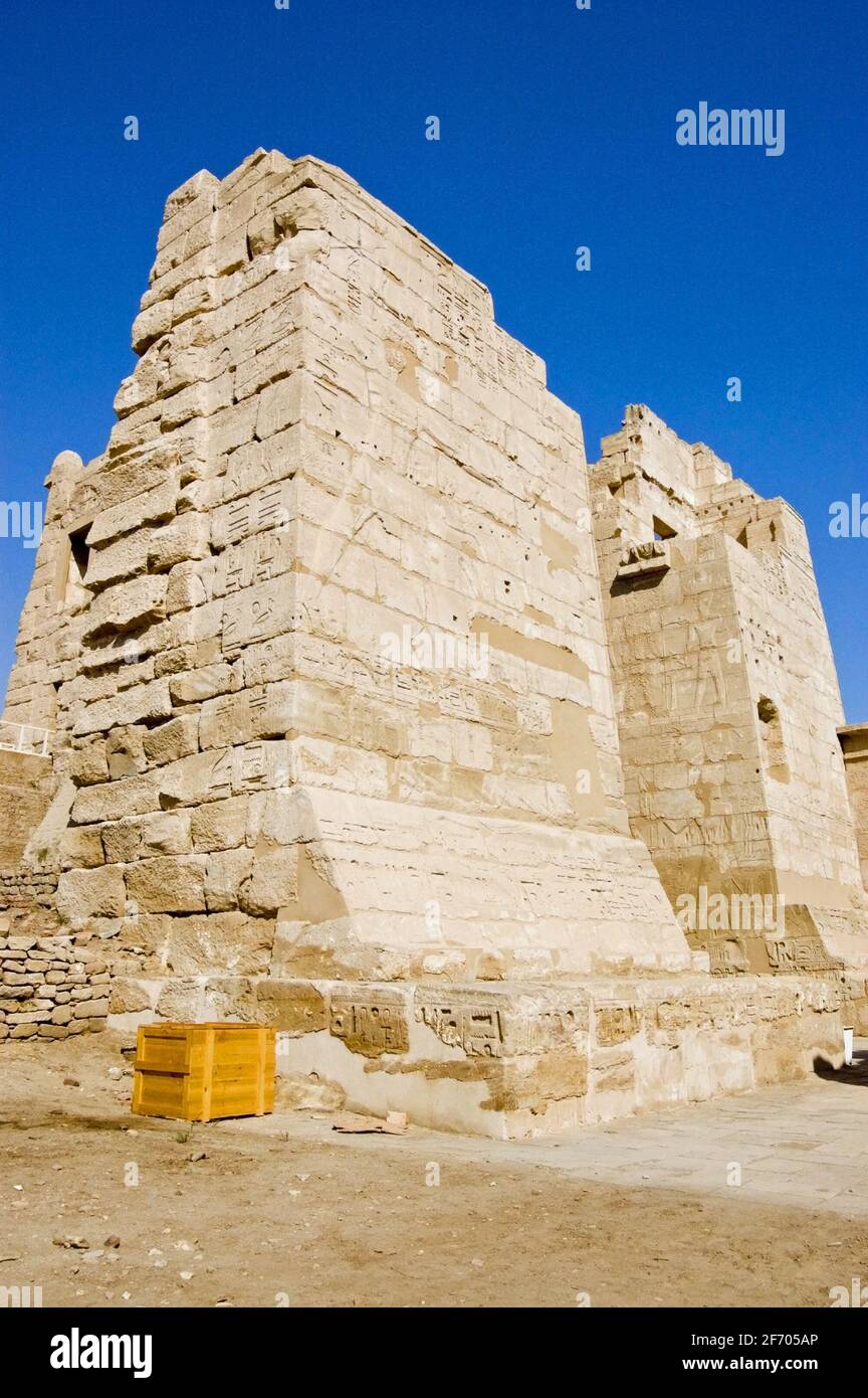 The remains of a great stone pylon at the Temple of Medinet Habu on the ...