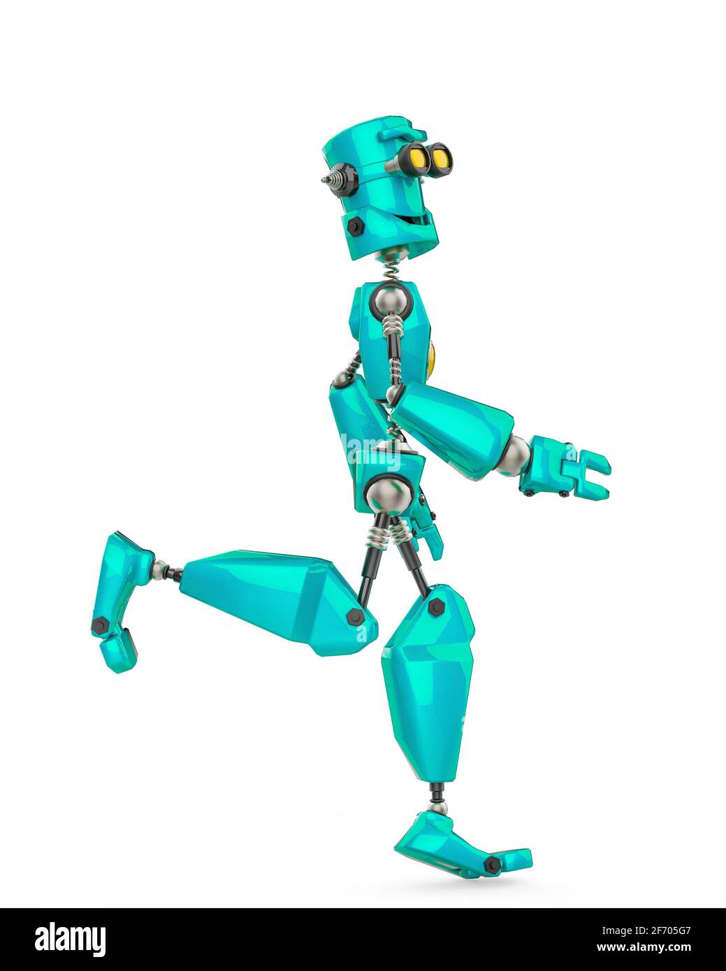 funny robot cartoon jogging in a white background side view, 3d ...