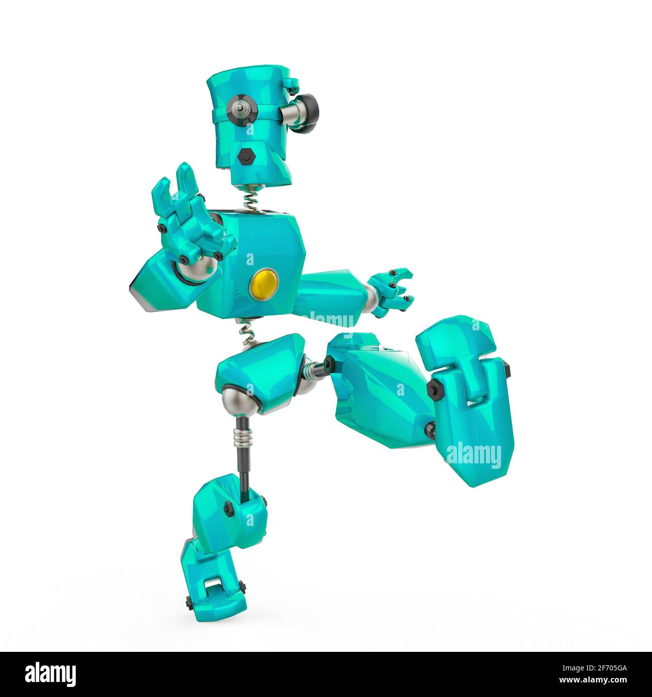 funny robot cartoon kicking the air in a white background., 3d ...