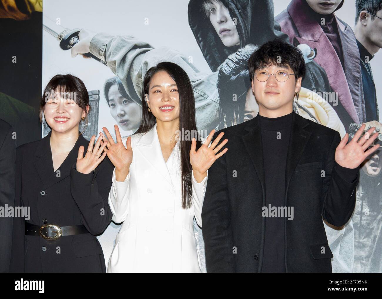(L-R) Cast members, Lee Min-Ji, Ahn Ji-Hye pose with film director Jo ...