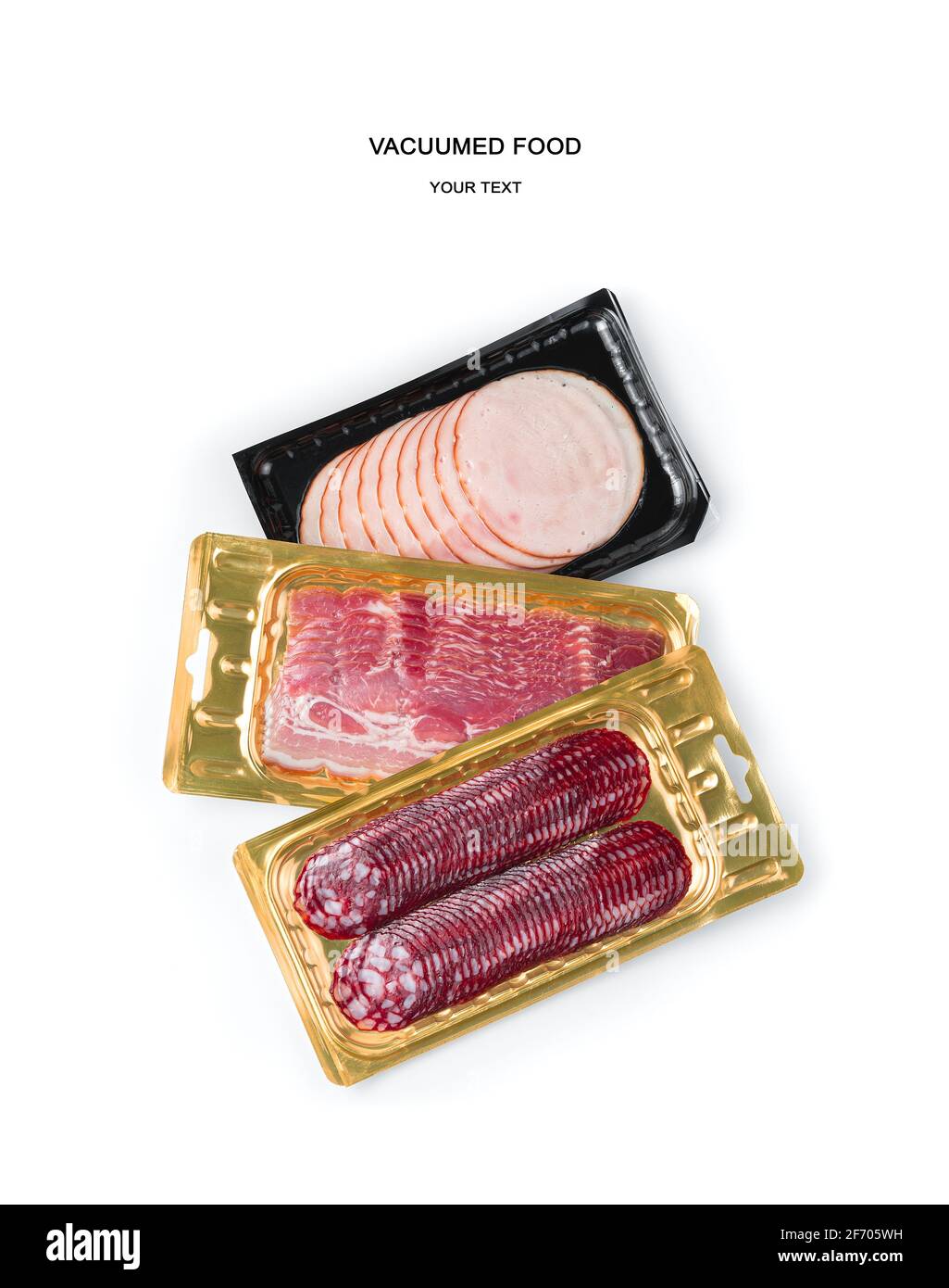 Three types of sausages and ham in vacuum packaging isolated on a white ...