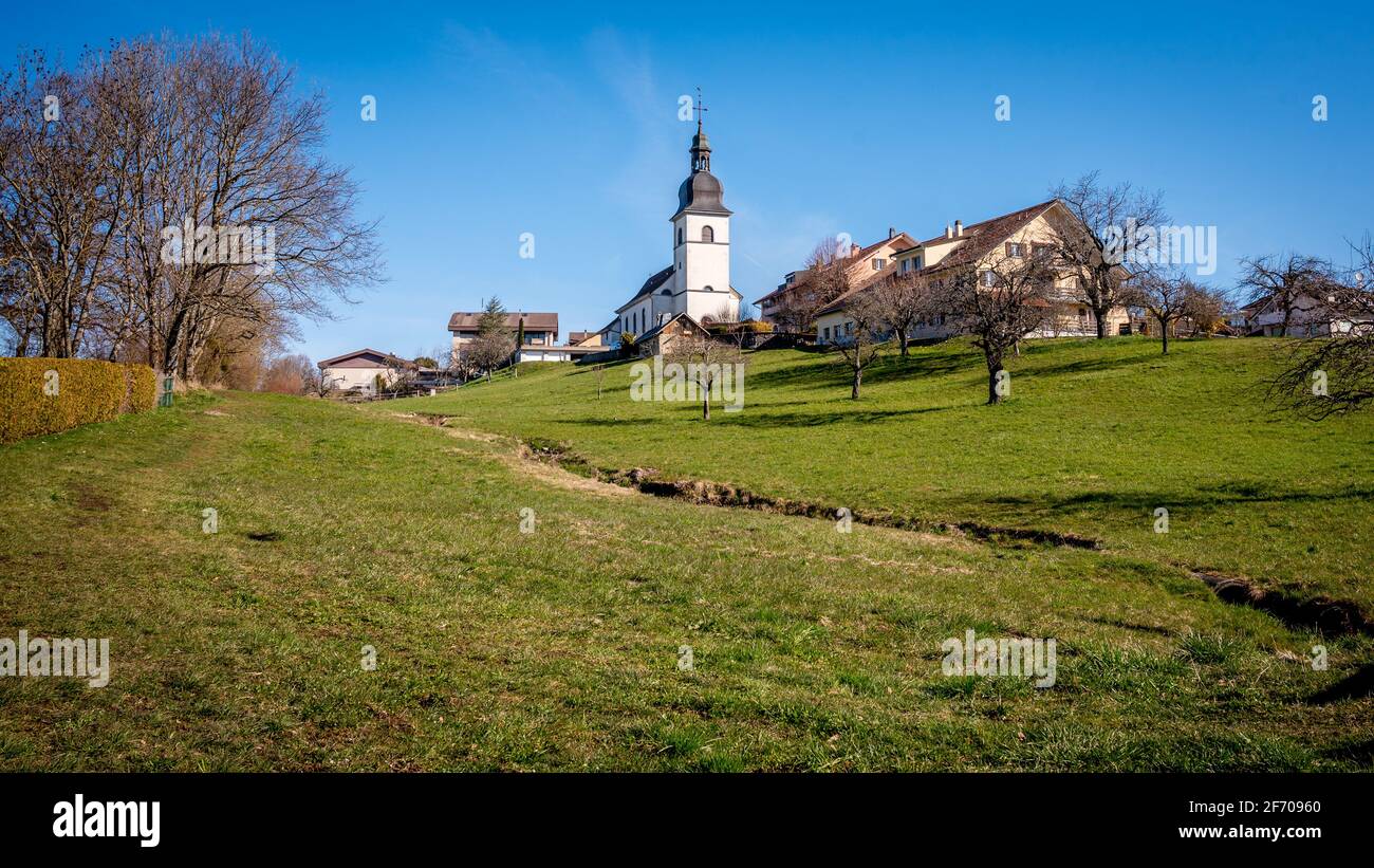 Idyllic landscape. Panoramic view of Switzerland Village with ...