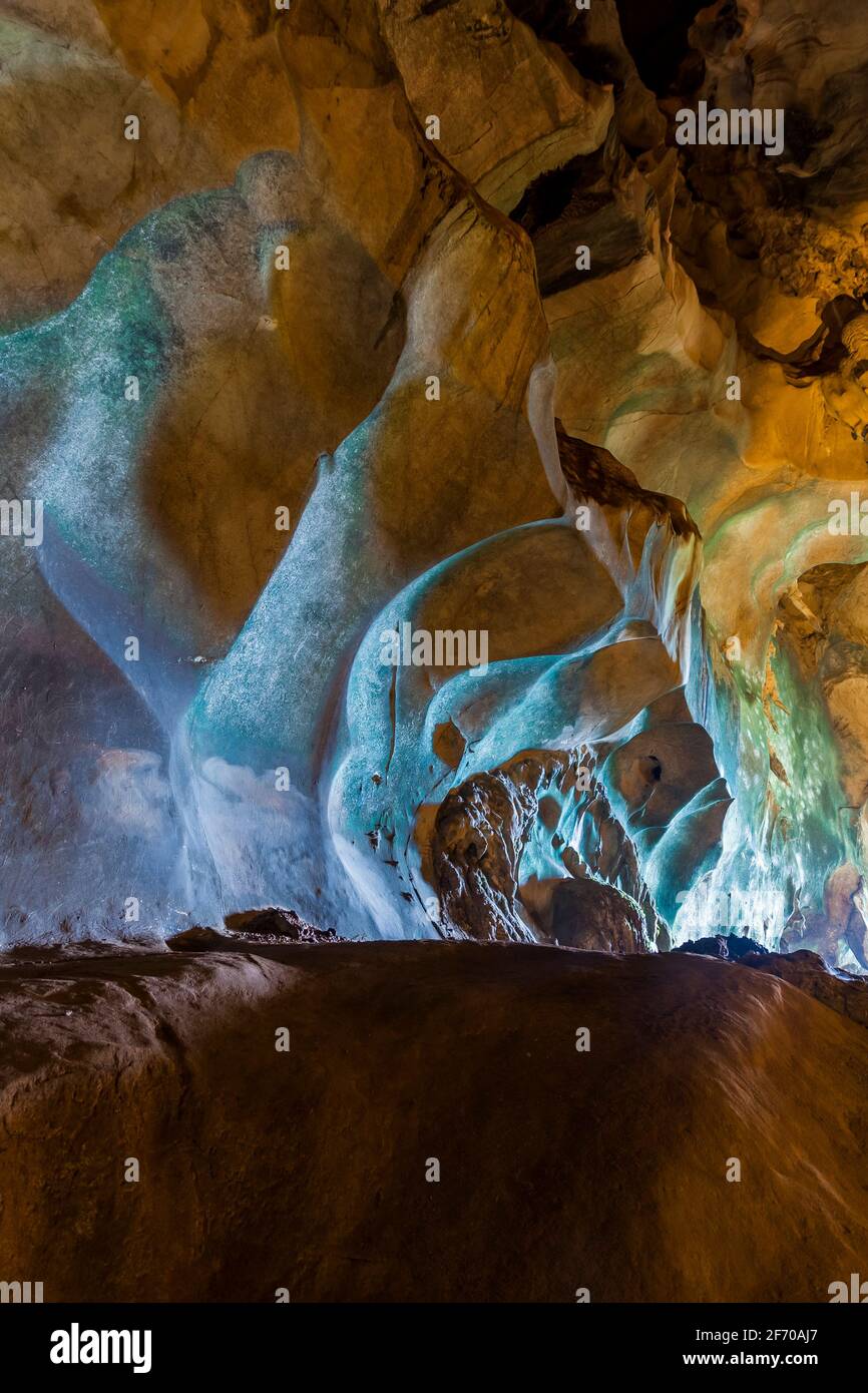Colorful lights in Tempurung Cave is a cave in Gopeng, Perak, Malaysia ...