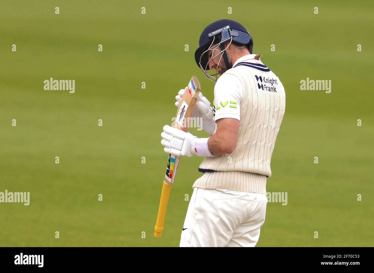 3 April, 2021. London, UK. Eskinazi checks his bat as Surrey take on ...