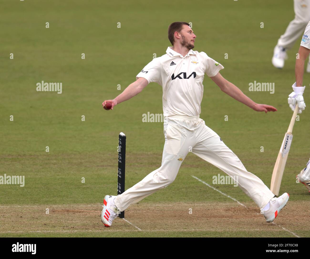 3 April, 2021. London, UK. Gus Atkinson bowling as Surrey take on ...