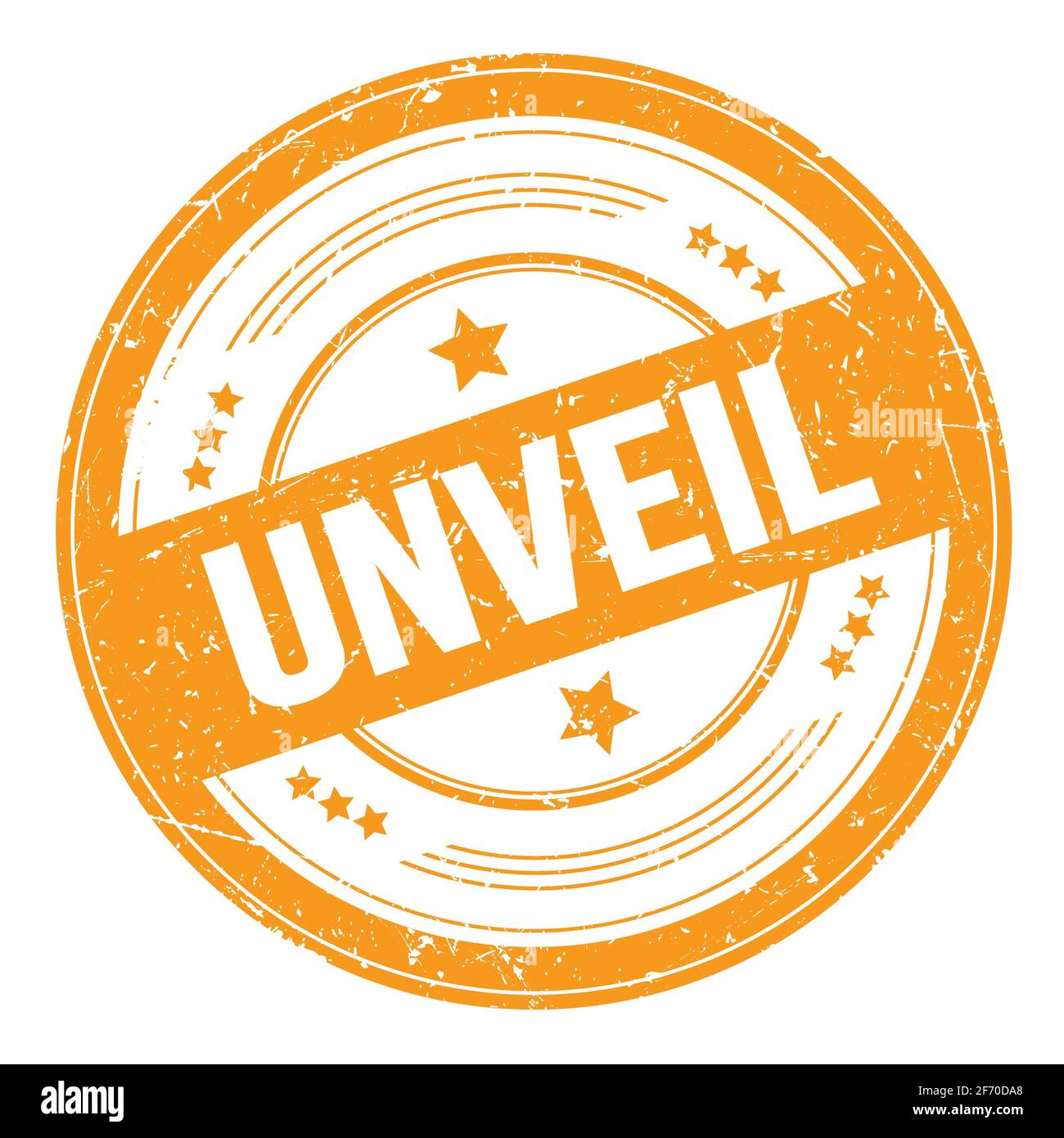 UNVEIL text on orange round grungy texture stamp Stock Photo - Alamy