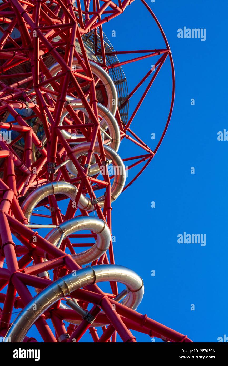 View up to the observation deck of the Orbit Tower, Britain's largest ...