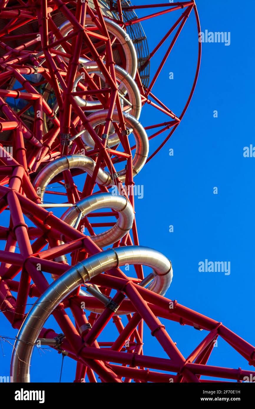 View up to the observation deck of the Orbit Tower, Britain's largest ...
