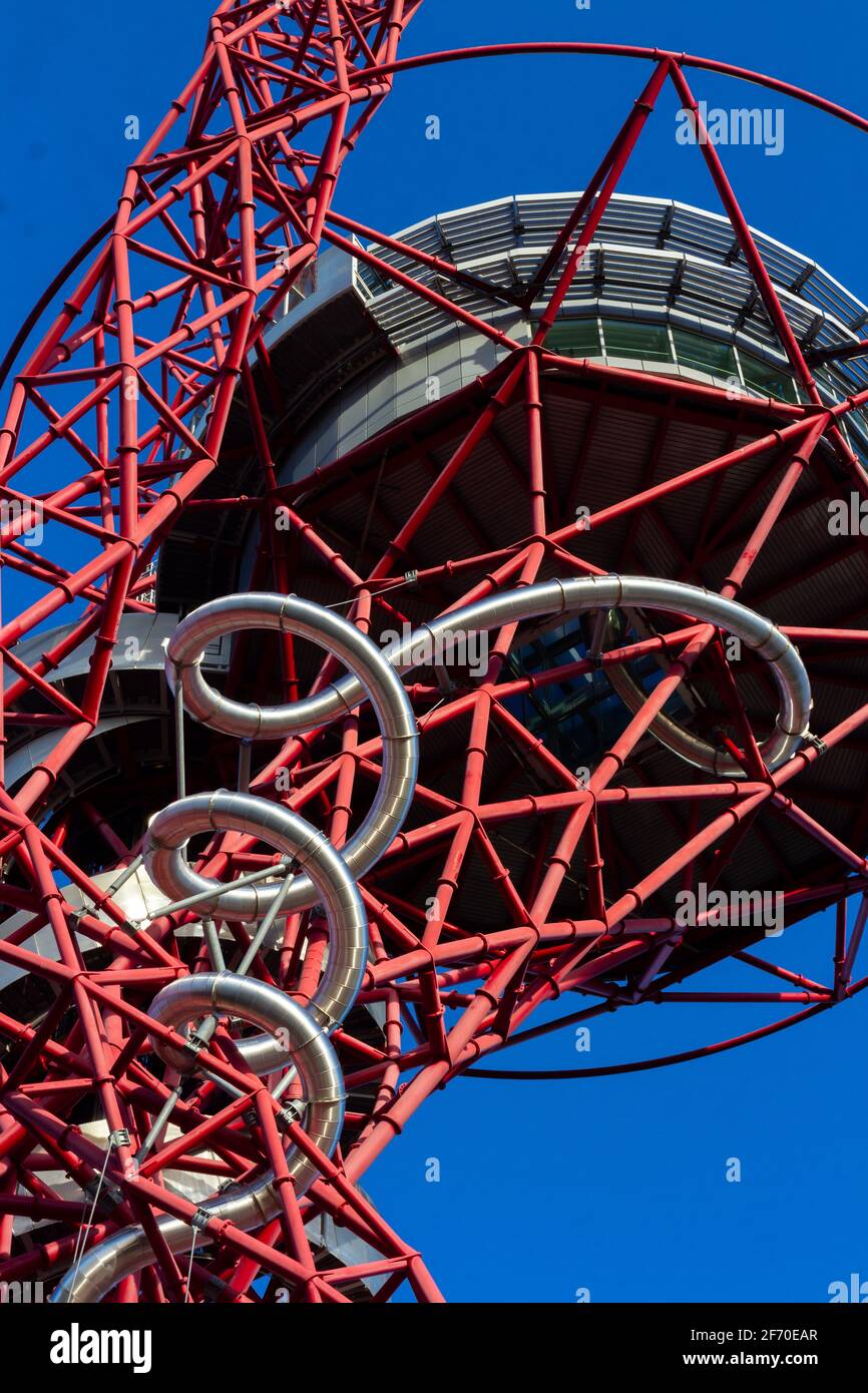View up to the observation deck of the Orbit Tower, Britain's largest ...