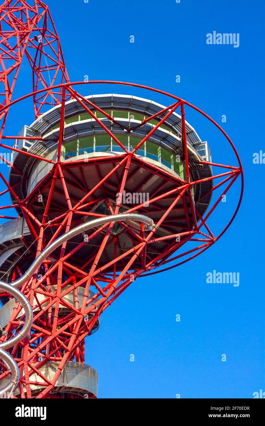 View up to the observation deck of the Orbit Tower, Britain's largest ...