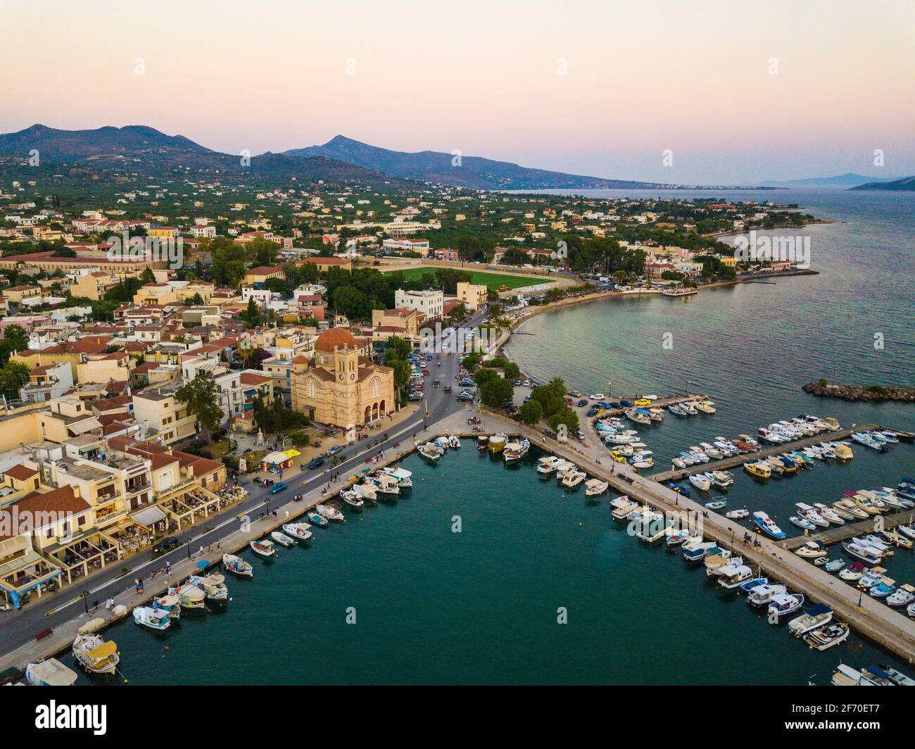 Aerial view of marina and port on Egina island. Greece in the summer ...