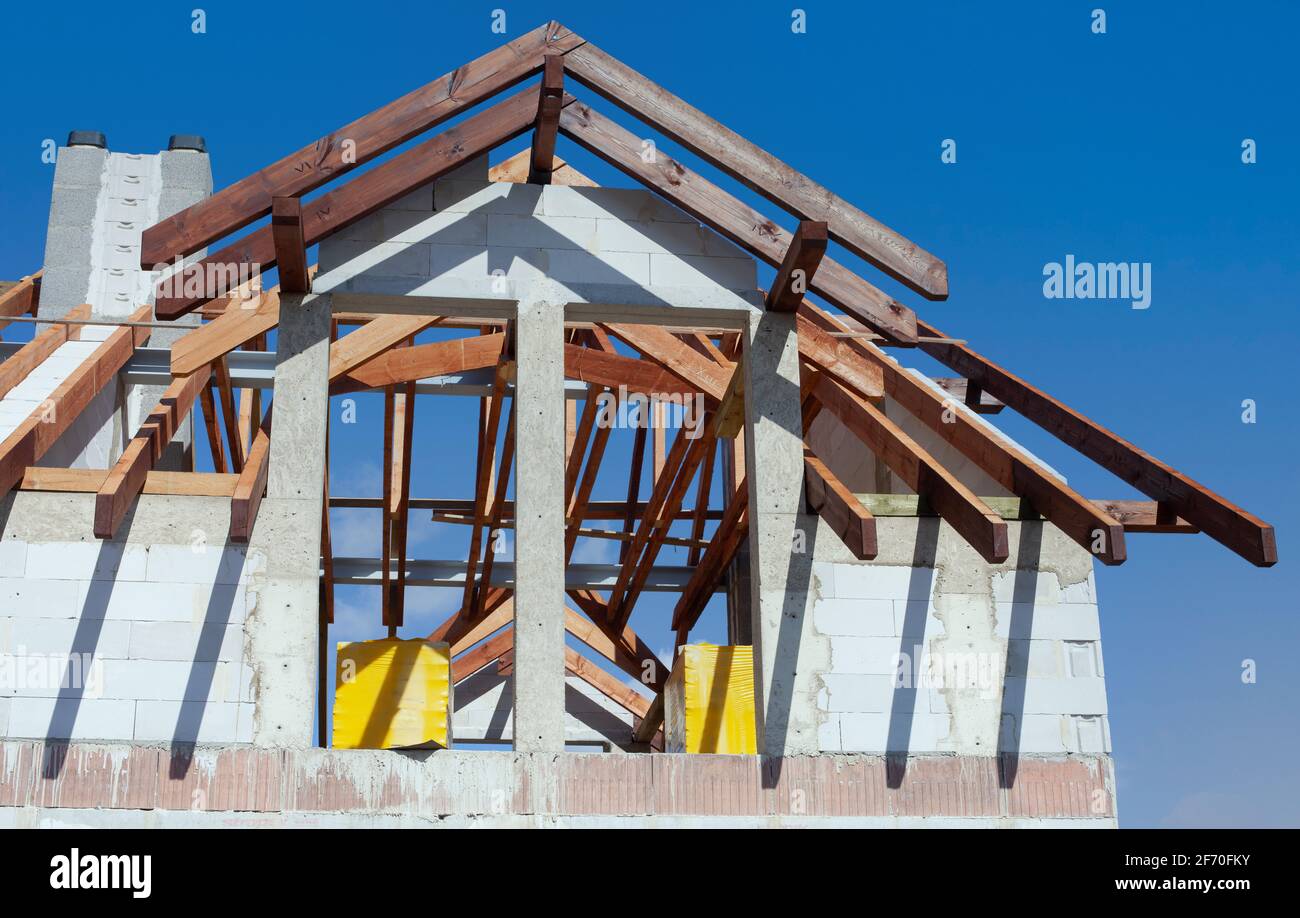 Detail of house under construction, roof of house - roofing Stock Photo ...